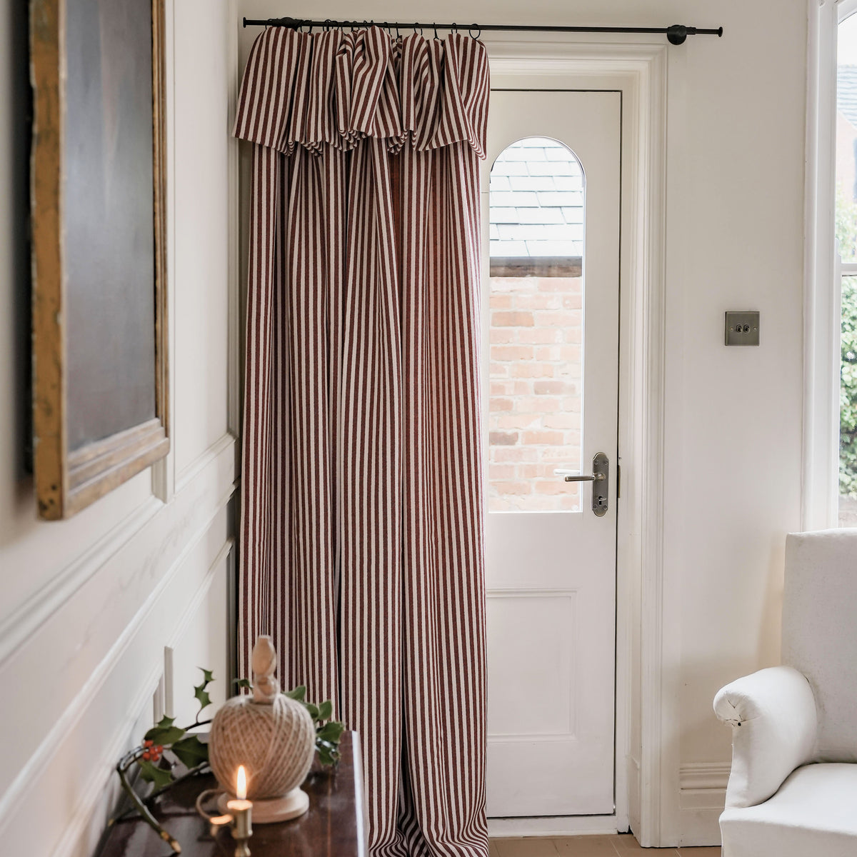 Ready Made Door Curtain - Harbour Stripe Redwood Wool, Flop Over Frill ...